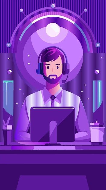 Premium Vector A Cartoon Of A Man Working At A Computer With A Purple Background