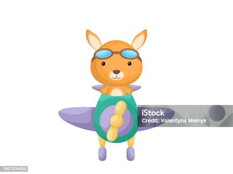 비행기를 조종하는 비행사 고글을 입은 작은 캥거루 인사말 카드 베이비 샤워 생일 초대장 집 인테리어를 위해 비행기에서 비행하는 재미있는 아기 캐릭터 격리된 벡터 그림 만화에