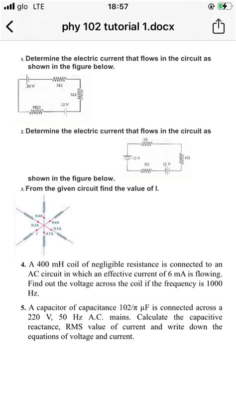 ·ll Glo Lte 18 57 Phy 102 Tutorial 1 Docx 1 Determine The Electric Current That Flows In The