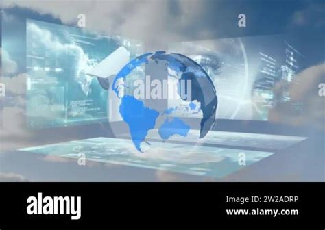 Animation Of Globe Spinning Over Screens With Human Eye Cctv Camera Digital Data Processing