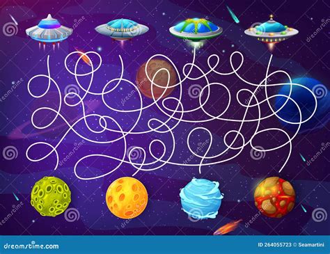 Cartoon Space Labyrinth Help Ufo To Find Planet Stock Vector