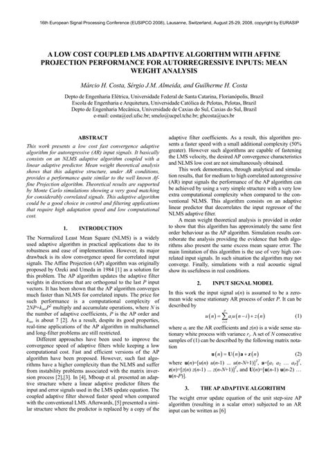 Pdf A Low Cost Coupled Lms Adaptive Algorithm With Affine Projection Performance For
