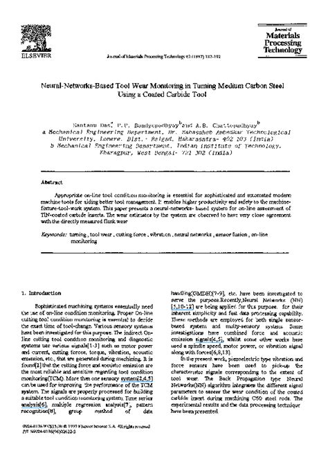 Pdf Neural Networks Based Tool Wear Monitoring In Turning Medium
