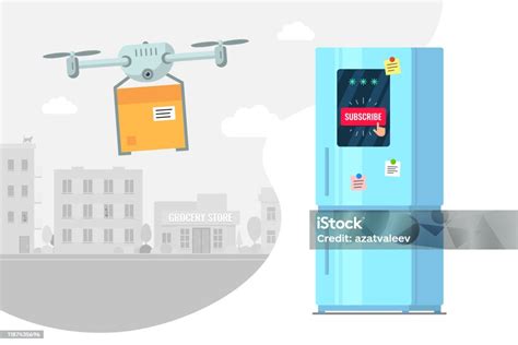 드론 개념을 비행하여 제품 배달 을 구독합니다 슈퍼마켓에서 가입 온라인 쇼핑 응용 프로그램과 냉장고 쿼드 콥터는 도시 벡터 그림을 통해 식료품 점에서 음식 상자를 운반