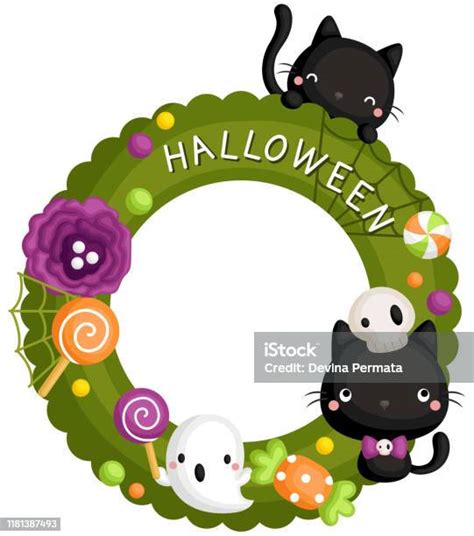 귀여운 검은 고양이와 과자의 다양한 장식 할로윈 화환의 벡터 10월에 대한 스톡 벡터 아트 및 기타 이미지 10월 거미줄 검은색 Istock