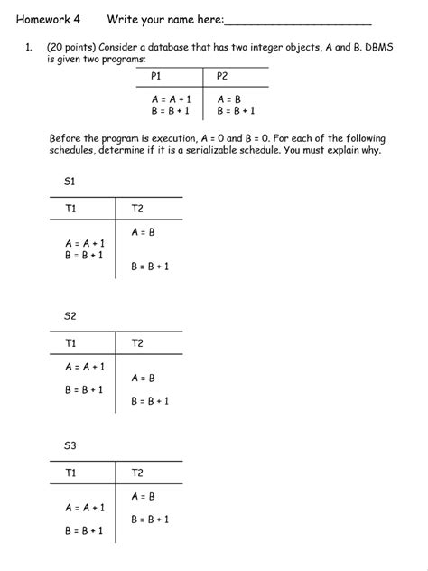 Homework 4 Write Your Name Here 1 20 Points Consider A Database That Has Two Integer Objects