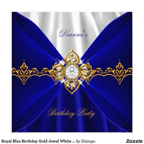 Royal Blue Birthday Gold Jewel White Silk 2 Invitation Zazzle