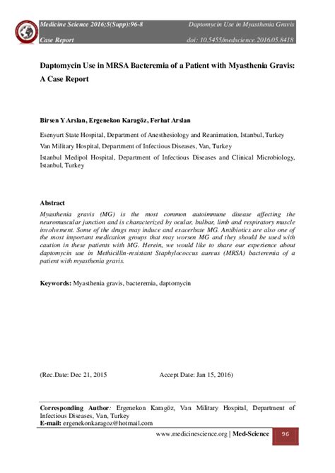 Pdf Daptomycin Use In Mrsa Bacteremia Of A Patient With Myasthenia Gravis A Case Report