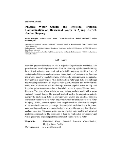 Pdf Physical Water Quality And Intestinal Protozoa Contamination On Household Water In Ajung