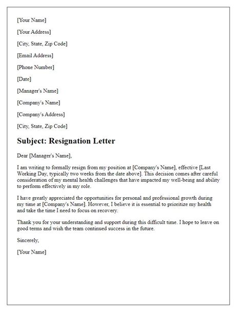 Letter Template For Resignation Due To Mental Health Reasons Free