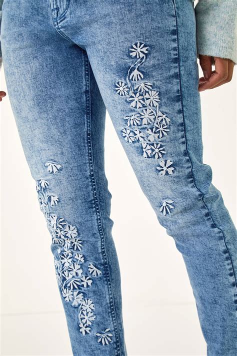 Denim Floral Embroidered Stretch Jeans Roman Uk