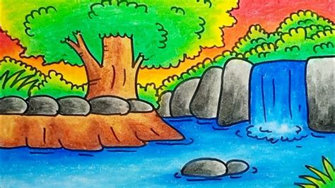 How To Draw Nature Scenery Forest And Waterfall Beautiful Drawing