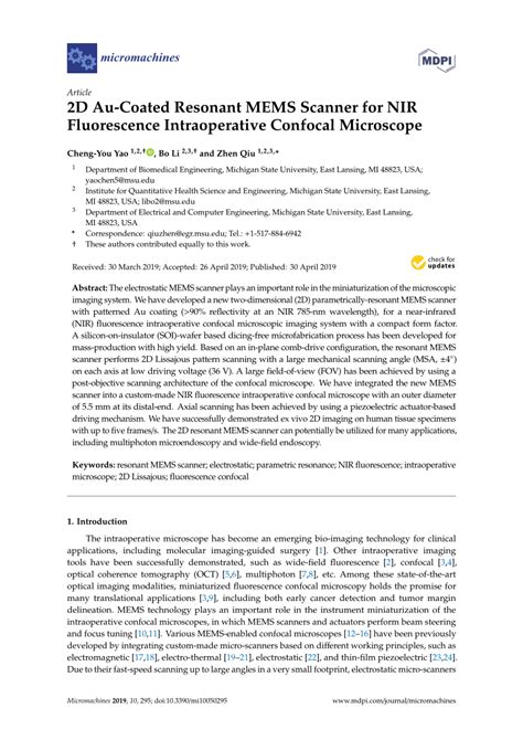 Pdf 2d Au Coated Resonant Mems Scanner For Nir Fluorescence