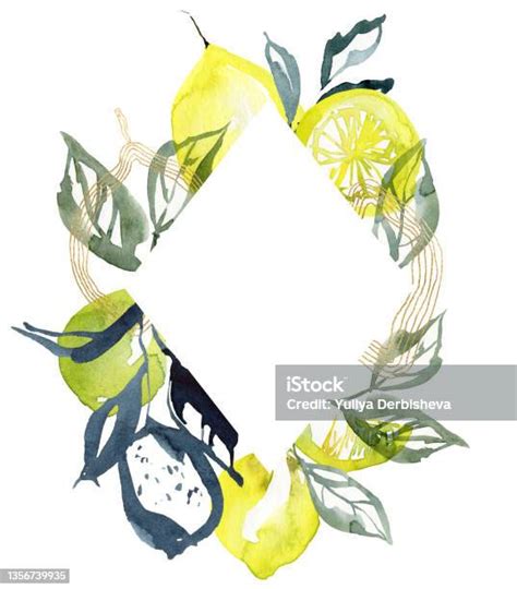 골드 레몬과 선형 잎의 수채화 추상적 인 마름모꼴 프레임 흰색 배경에 고립 된 과일의 손으로 그린 열대 테두리 디자인 인쇄 직물 또는 배경에 대한 음식 그림 0명에 대한