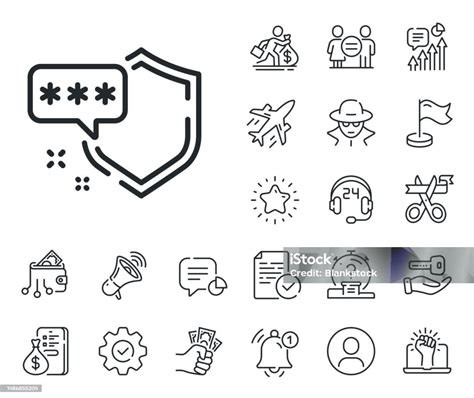 방패 라인 아이콘입니다 개인 정보 보호 보안 서명입니다 샐러리맨 남녀 평등 및 경보 벨 벡터 0명에 대한 스톡 벡터 아트 및