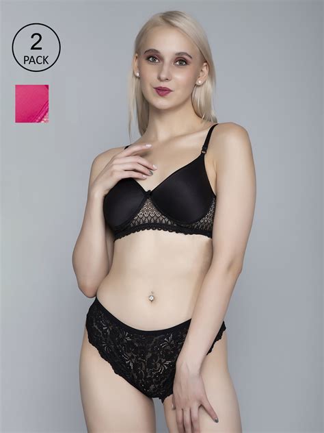 Buy Fims Women Black And Pink Pack Of 2 Solid Cotton Lingerie Set