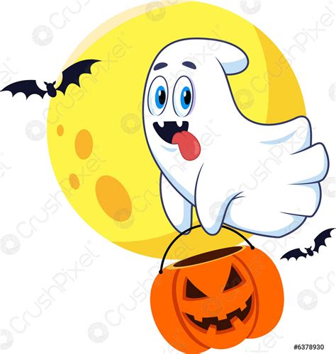 Cute Halloween Ghost Cartoon Character Flying With A Pumpkin Basket Stock Vector 6378930
