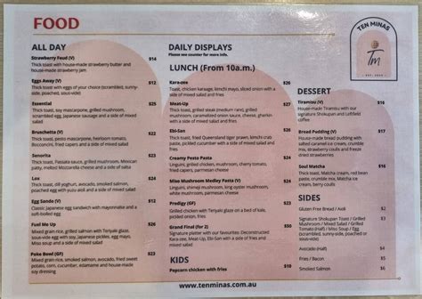 Menu At Ten Minas Cafe Como