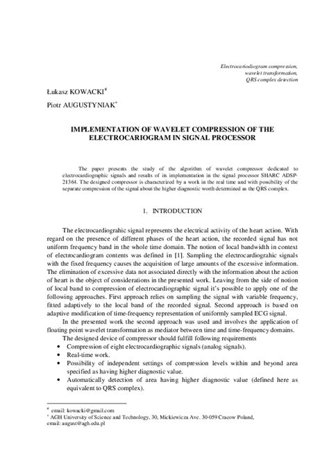 Pdf Implementation Of Wavelet Compression Of The Electrocardiogram In Signal Processor