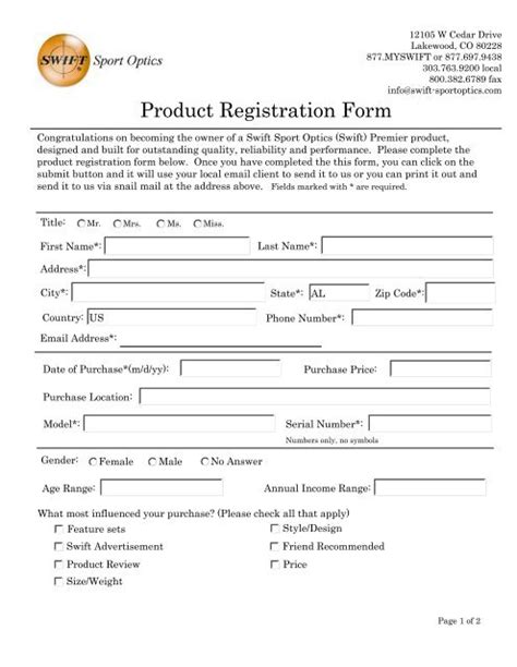 Swift Product Registration Form Swift Sport Optics