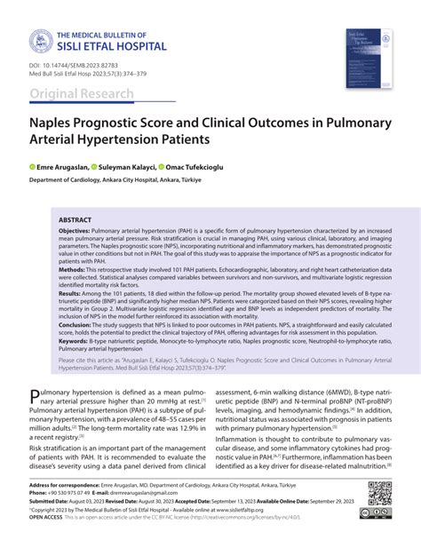 Pdf Naples Prognostic Score And Clinical Outcomes In Pulmonary Arterial Hypertension Patients