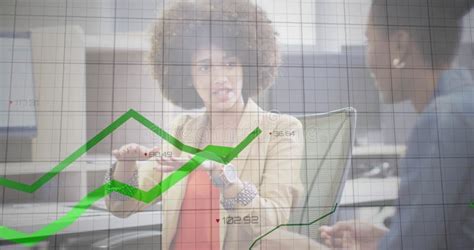 Animation Of Green Graph Processing Over Diverse Female Colleagues Talking At Casual Office