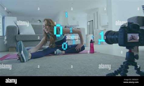 Image Of Looping Binary Codes Caucasian Woman Recordings Stretching Exercise On Image Recorder