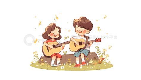 插画数字艺术 男孩和女孩开心的边弹吉他边唱歌的卡通手绘插画 Ai平面元素免费下载 Png格式 1344像素 编号70739860 千图网