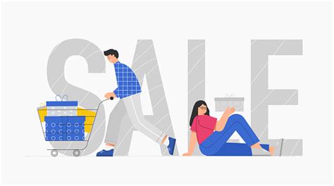 블랙 프라이데이 컨셉 프로모션 포스터 장바구니와 패키지가 있는 남성 및 여성 캐릭터 큰 할인 선물 및 구매 판매 및 온라인 쇼핑