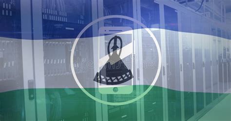 image of cellphone in circle flag of lesotho over computer language on data server racks stock
