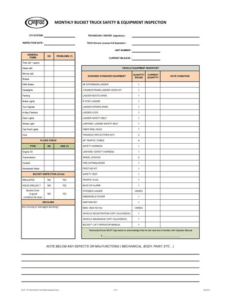 Truck Inspection Sheet Template