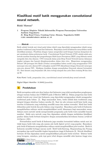 Pdf Klasifikasi Motif Batik Menggunakan Convolutional Neural Network