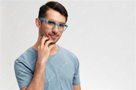 Premium Photo Handsome Man Blue Glasses Casual Wear Posing Emotions