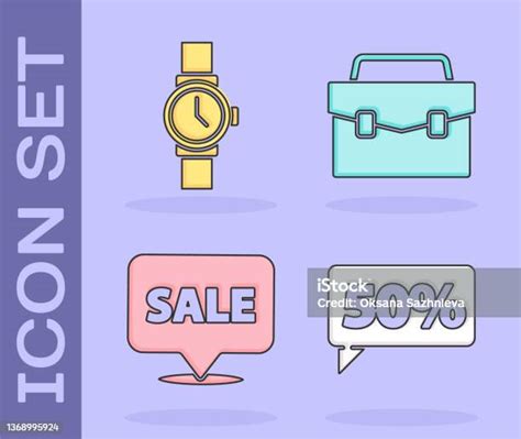 50 할인 퍼센트 태그 손목 시계 판매 및 서류 가방 아이콘매달려 기호를 설정합니다 벡터 50에 대한 스톡 벡터 아트 및 기타 이미지 Istock