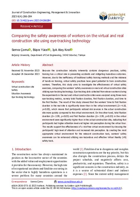 Pdf Comparing The Safety Awareness Of Workers On The Virtual And Real Construction Site Using