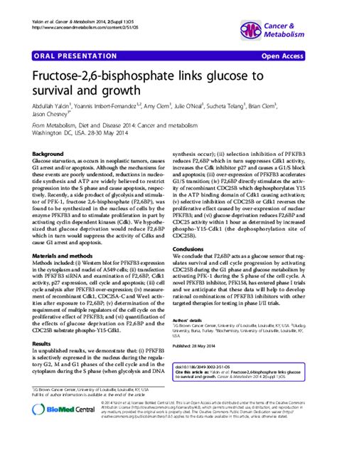 Pdf Fructose 2 6 Bisphosphate Links Glucose To Survival And Growth