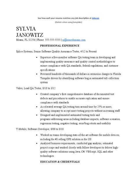 Qa Tester Resume Template Example Pdf
