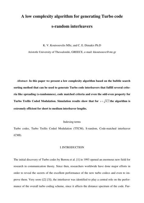 Pdf A Low Complexity Algorithm For Generating Turbo Code S Random