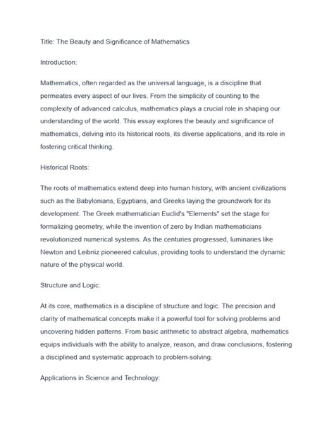 Title The Beauty And Significance Of Mathematics Introduction