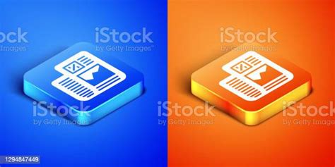 파란색과 주황색 배경에서 격리된 Isometric 비즈니스 재무 보고서 아이콘입니다 감사 및 분석 문서 계획 기호 정사각형 버튼입니다 벡터 3차원 형태에 대한 스톡 벡터