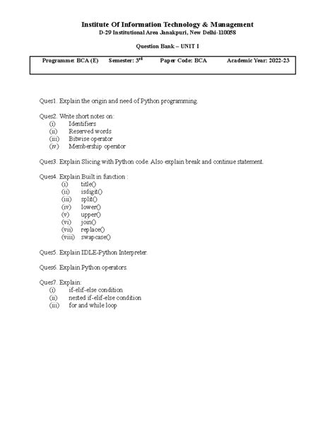 Question Bank Python Question Bank Unit I Programme Bca E Semester 3rd Paper Code Bca