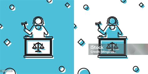 파란색과 흰색 배경에 격리 된 테이블 아이콘에 망치가있는 검은 판사 임의 동적 셰이프 벡터 일러스트레이션 가능성에 대한 스톡 벡터 아트 및 기타 이미지 Istock