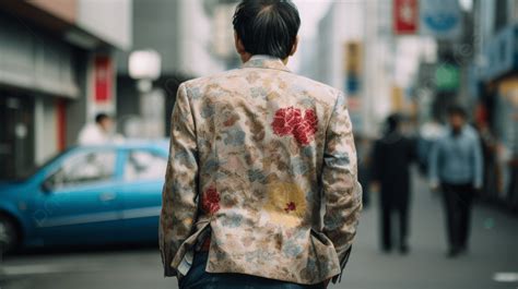 꽃무늬 재킷을 입은 남자가 거리를 걷고 있다 주머니에 돈을 넣는 남자의 뒷모습 고화질 사진 사진 배경 일러스트 및 사진 무료 다운로드 Pngtree