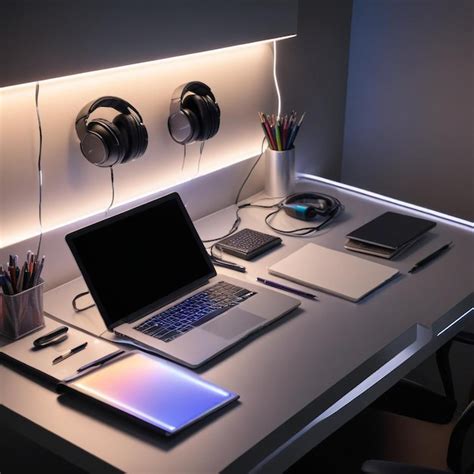 Modern Workspace Desk Featuring A Laptop Headphones And A Sleek Computer Room Premium Ai