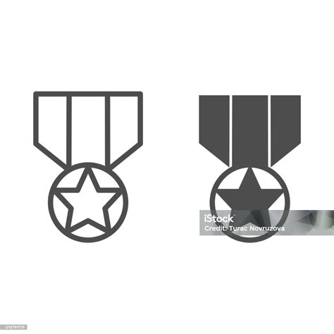 메달 선과 솔리드 아이콘입니다 육군 보상 명예 상징의 군인 스타 흰색 배경에 윤곽 스타일 그림 모바일 개념 및 웹 디자인에 대한 군사 기호 벡터 그래픽 로고에 대한 스톡