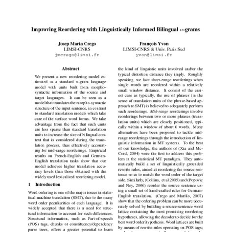 Improving Reordering With Linguistically Informed Bilingual N Grams