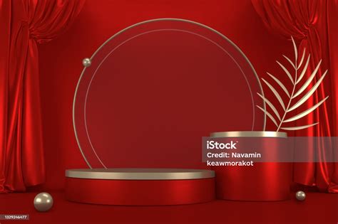 빨간색과 금 연단은 빨간색 배경에서 보여줍니다3d 렌더링 0명에 대한 스톡 사진 및 기타 이미지 0명 3차원 형태 강단 Istock