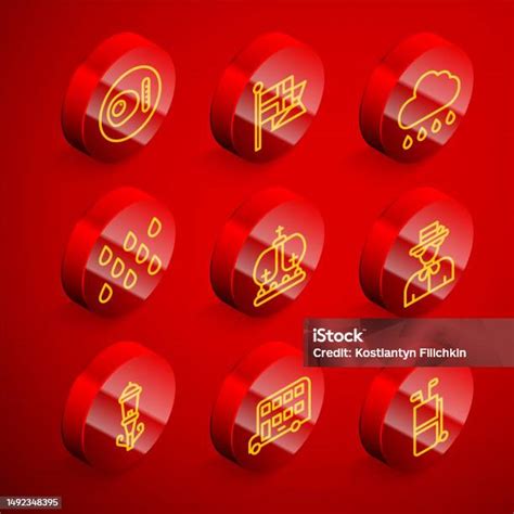 영국식 아침 식사 깃대에 영국 국기 비가 내리는 구름 물방울 왕관 엘리자베스 여왕 빈티지 가로등 및 2층 버스 아이콘을 설정합니다 벡터 3차원 형태에 대한 스톡 벡터 아트