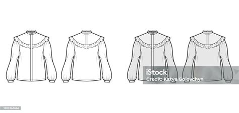 프레리 블라우스 테크니컬 패션 일러스트와 부퍼런트 롱 슬리브 스탠드 칼라 러플 요크 커프 가죽 버튼 업 블라우스에 대한 스톡 벡터 아트 및 기타 이미지 Istock