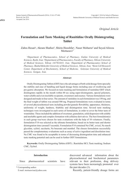 Pdf Formulation And Taste Masking Of Ranitidine Orally Disintegrating Tablet